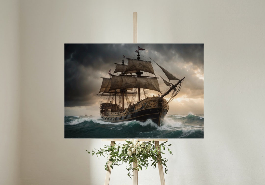 Vintage Tall Ship in Storm Canvas Print Epic Sea Battle With High Waves ...