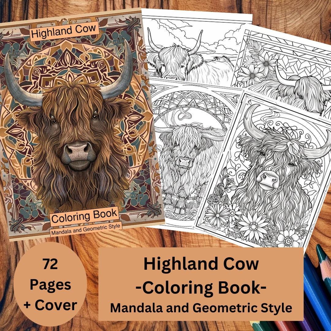Highland Cow Coloring Page Book, Mandala + Geometric Style, Fun for ...