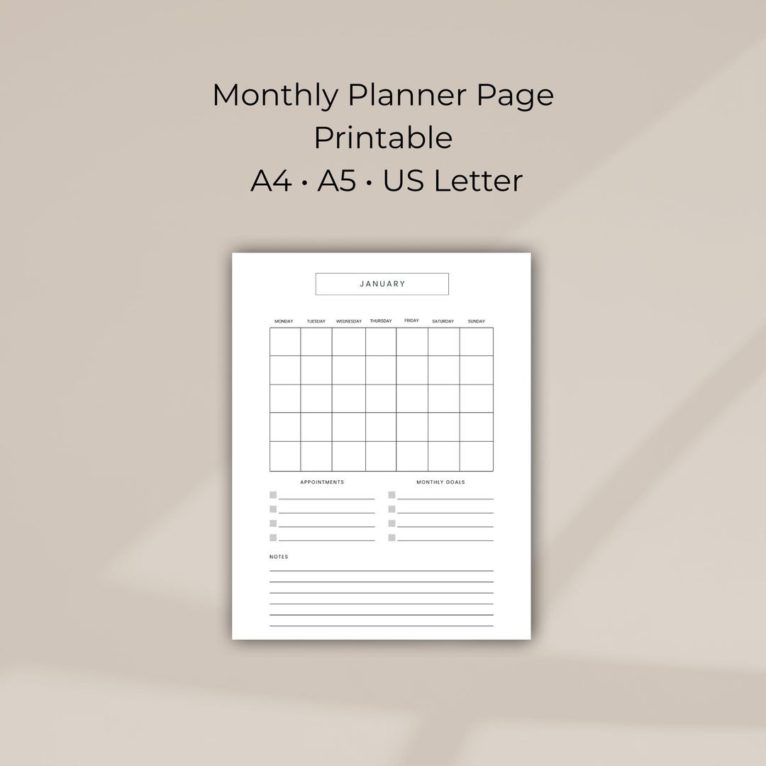 Minimal Monthly Planner Printable | A4 A5 US Letter Sizes (instant ...