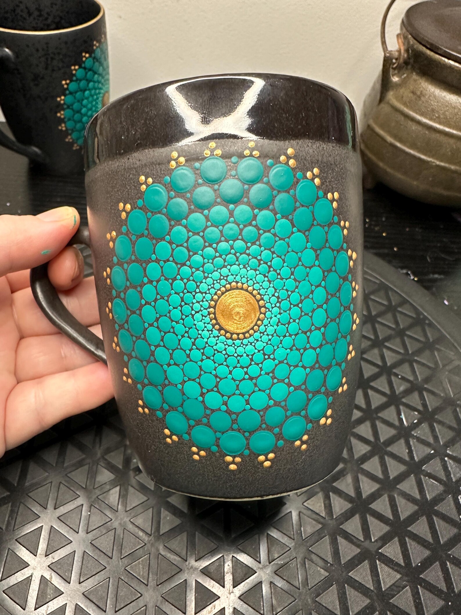 Hand Painted Mandala Coffee Mug: Teal & Gold Sacred Geometry, 12oz - Etsy