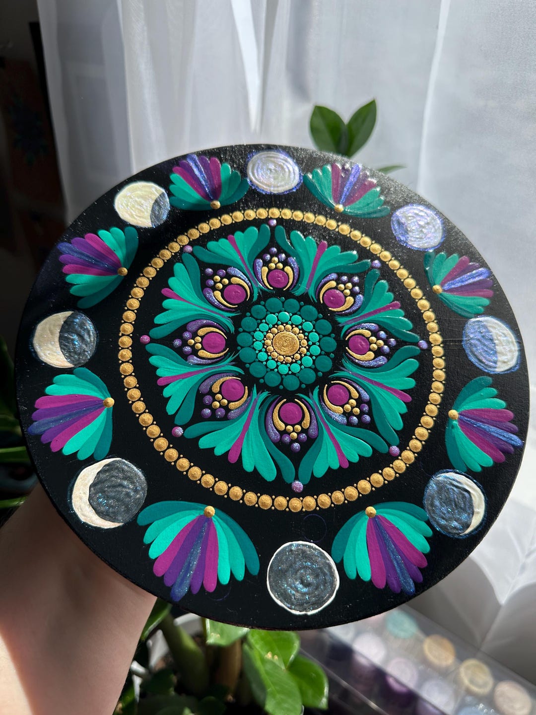 8.5” Hand Painted Mandala Design With Moon Phases/ Decorative Moon Art ...