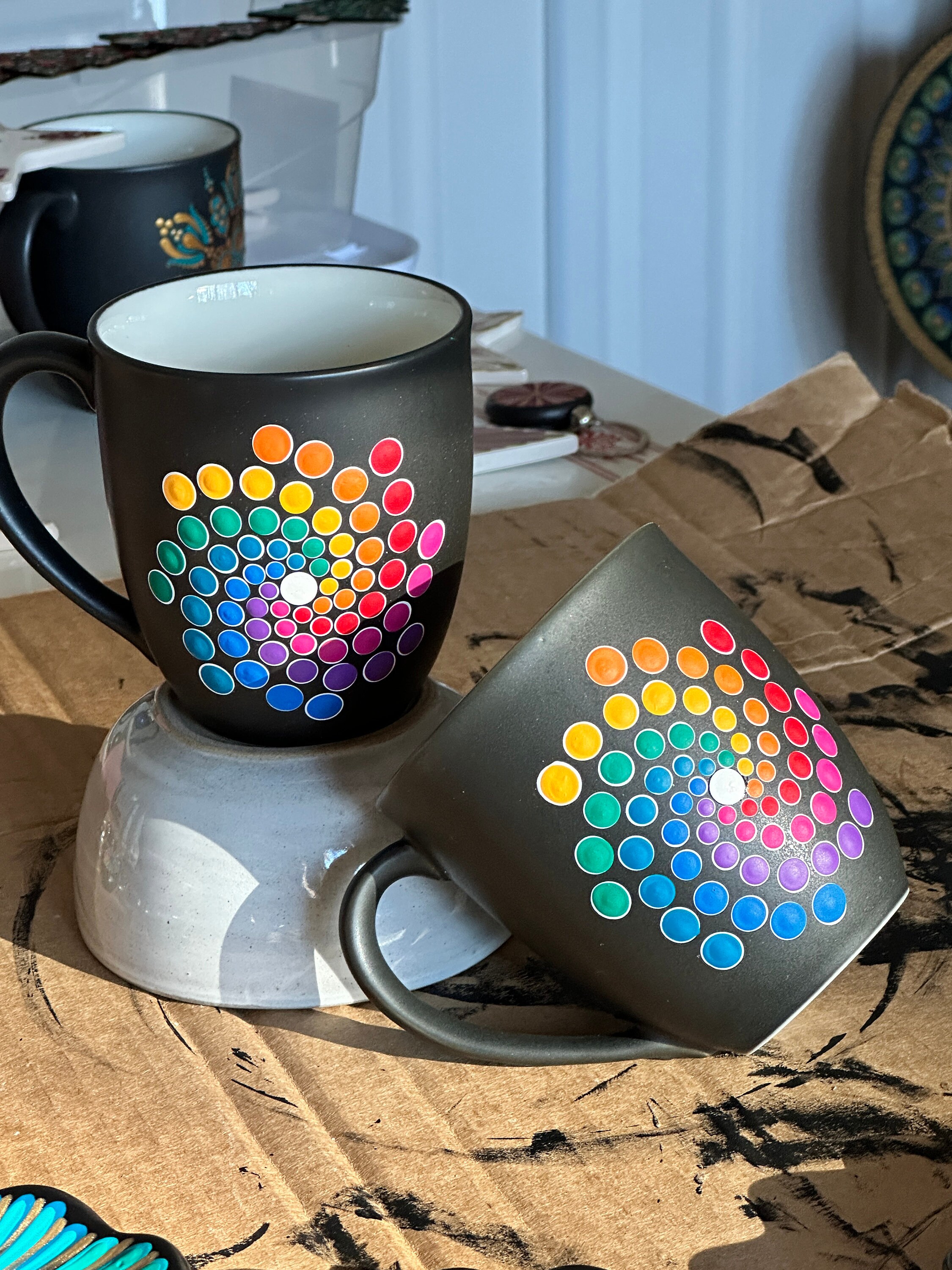 Hand Painted Coffee Mug | Rainbow Swirl Pattern | Black Mug - Etsy