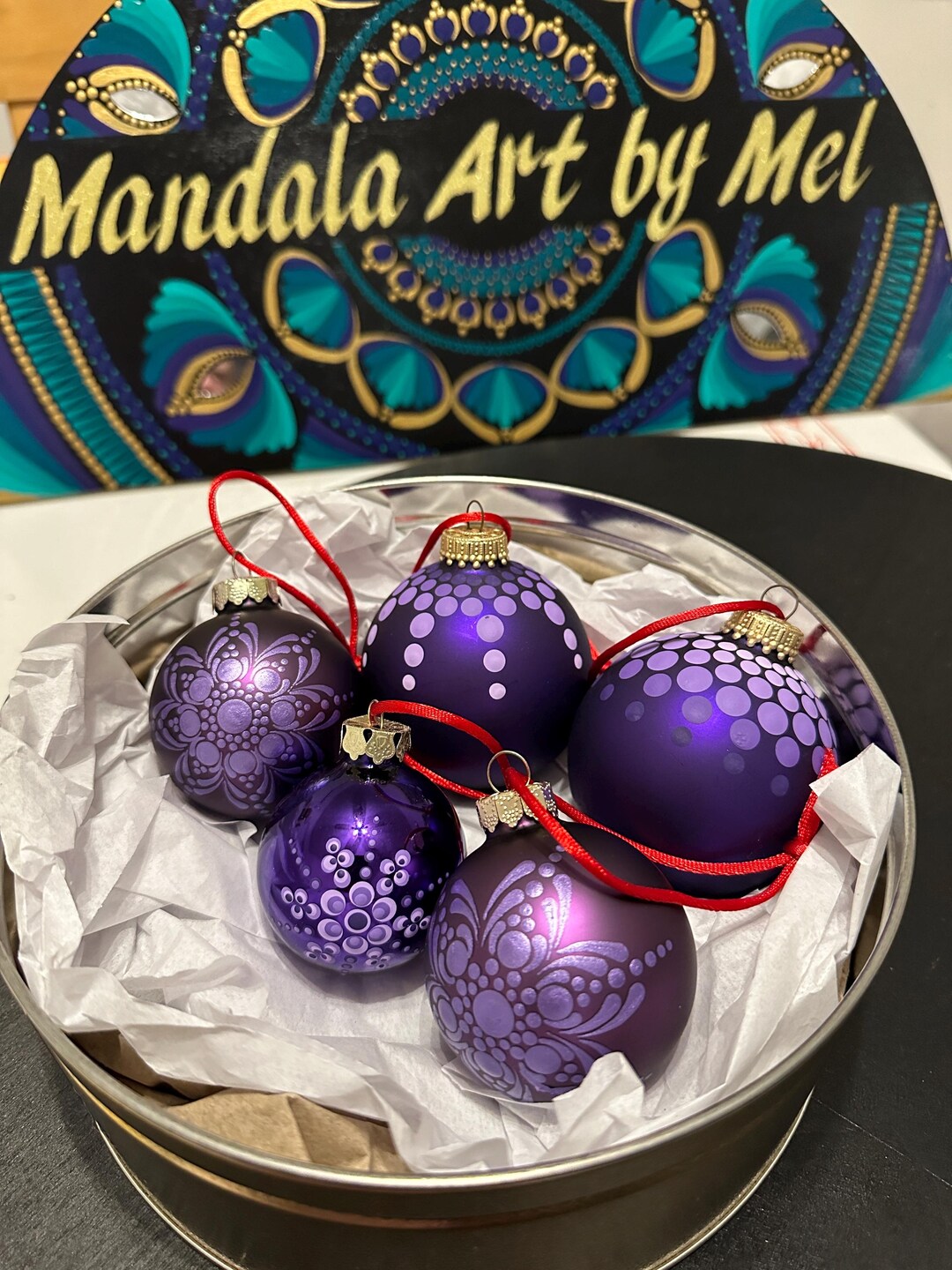 Set of 5 Hand Painted Mandala Glass Ornaments in Gold on Purple Glass ...