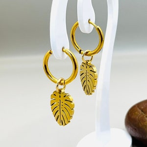 Huggie Hoop Leaf Earrings, Gold Plated Monstera Leaf Drop Dangle Earrings, Silver Dainty Hoop ...