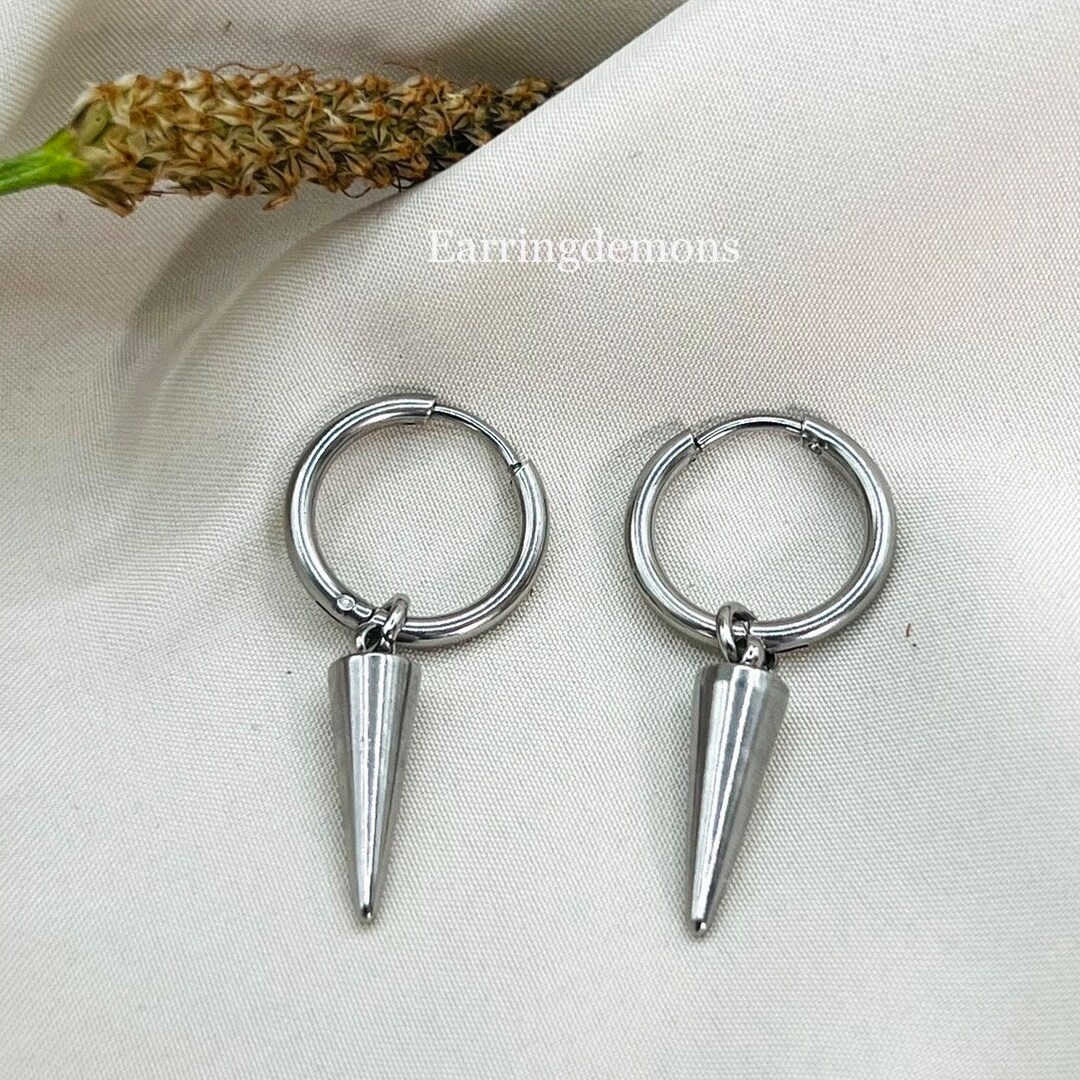 Spike Drop Earrings, Stainless Steel Cone Spike Hoop Earring, Huggie ...