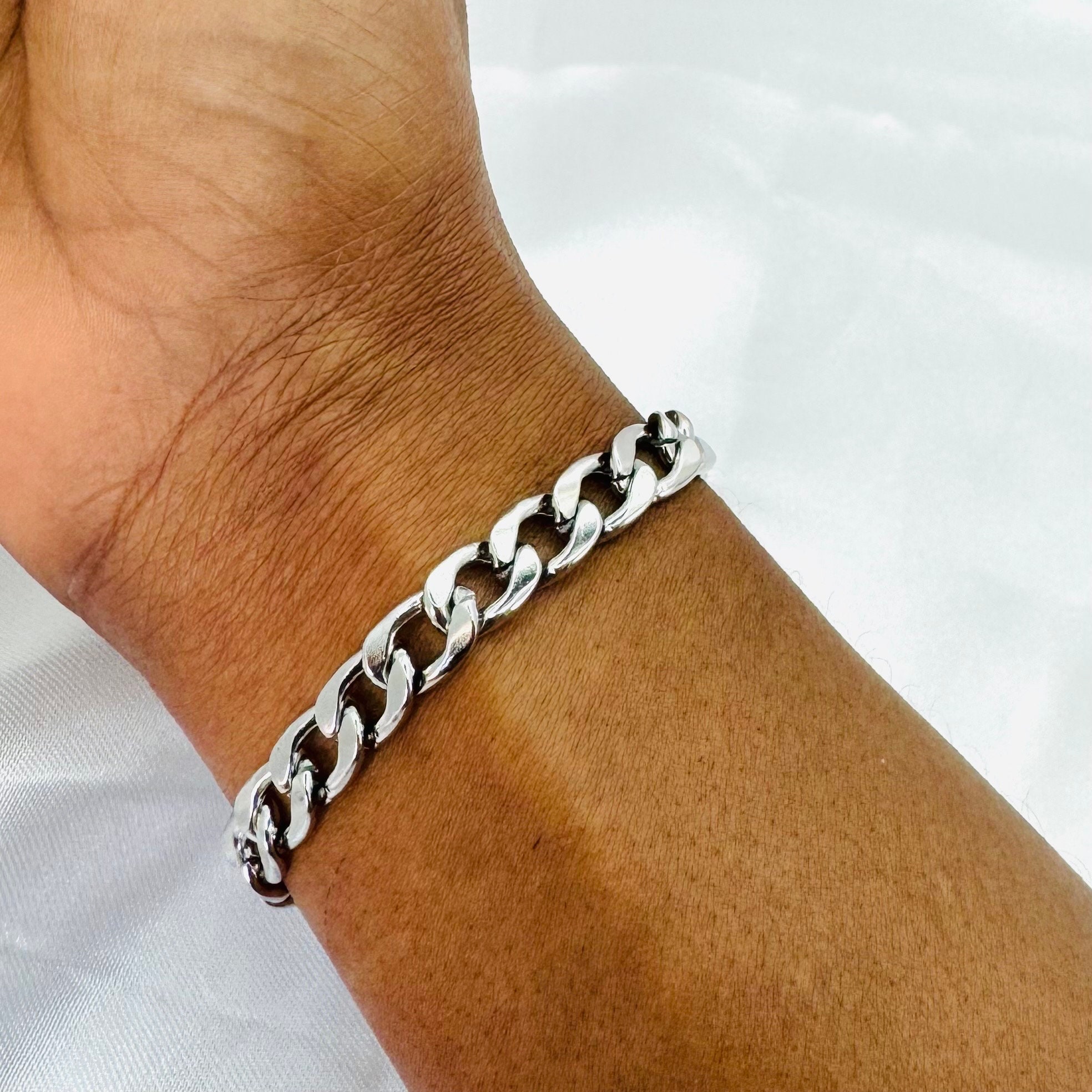 Silver Curb Chain Bracelet, 3mm 5mm 7mm Stainless Steel Curb Chain, Men ...