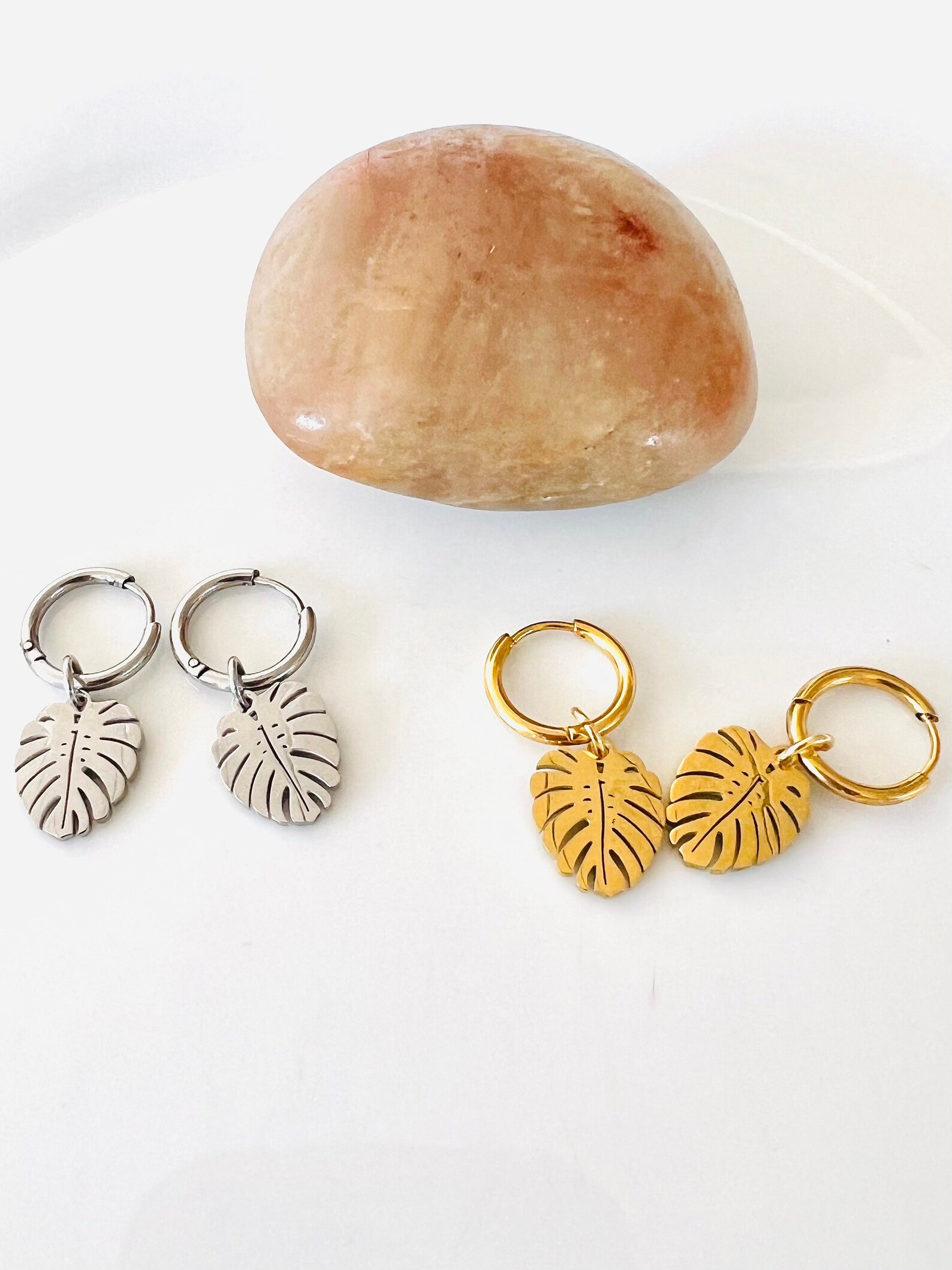 Huggie Hoop Leaf Earrings, Gold Plated Monstera Leaf Drop Dangle Earrings, Silver Dainty Hoop ...