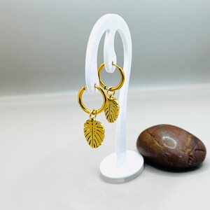 Huggie Hoop Leaf Earrings, Gold Plated Monstera Leaf Drop Dangle Earrings, Silver Dainty Hoop ...