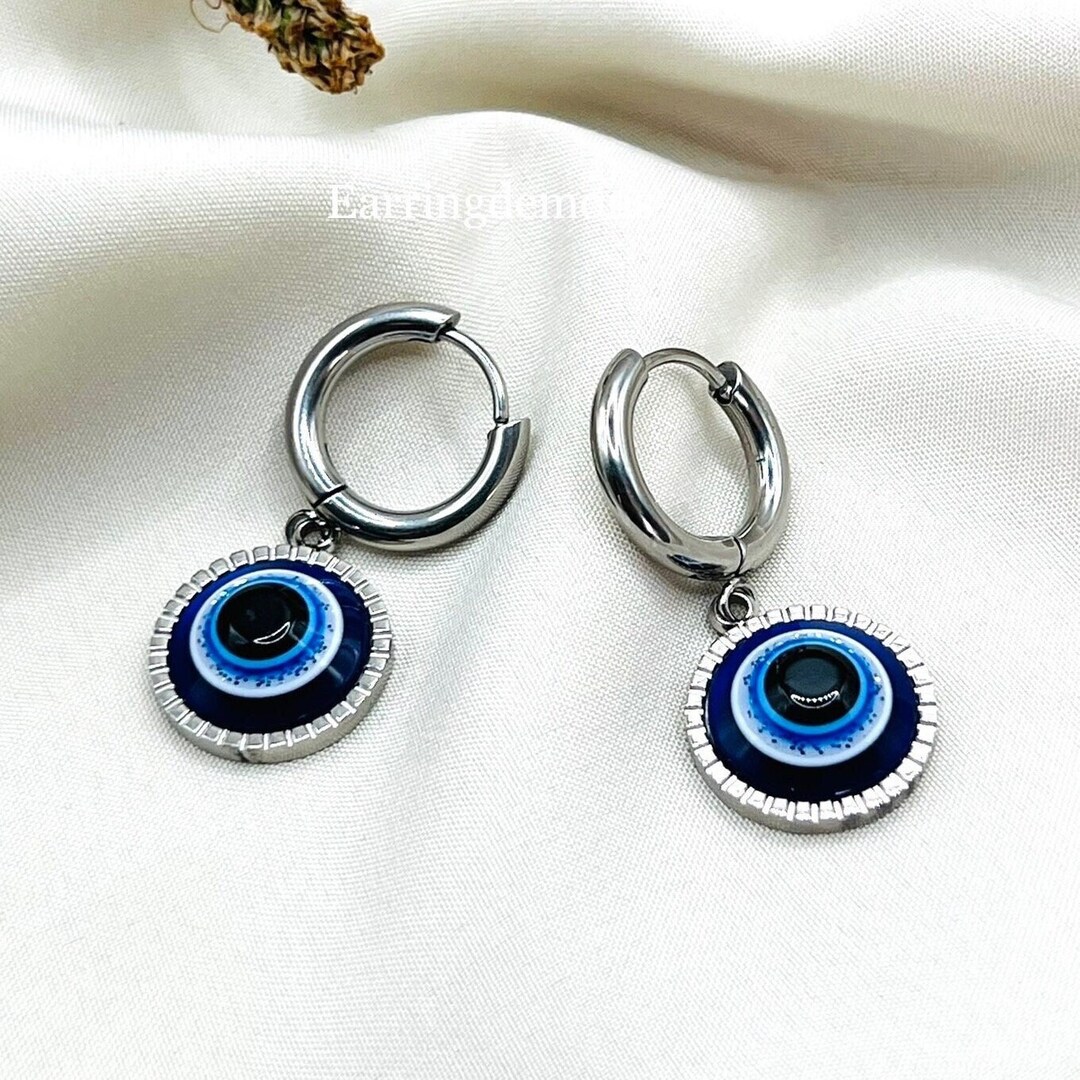 Huggie Hoop Blue Evil Eye Dropping Earring, Horus Evil Eye Statement ...
