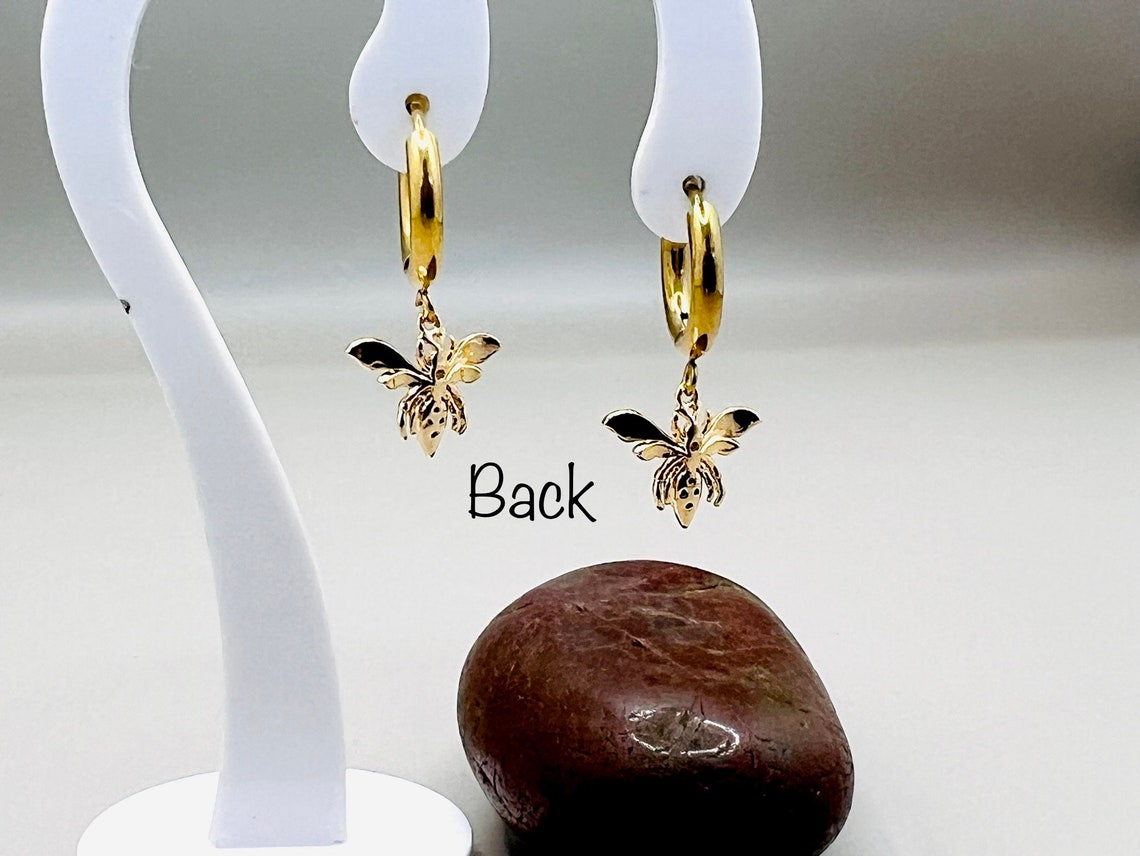 Bumble Bee Hoop Drop Earrings, Shiny Crystal CZ Bee Earrings, Gold ...