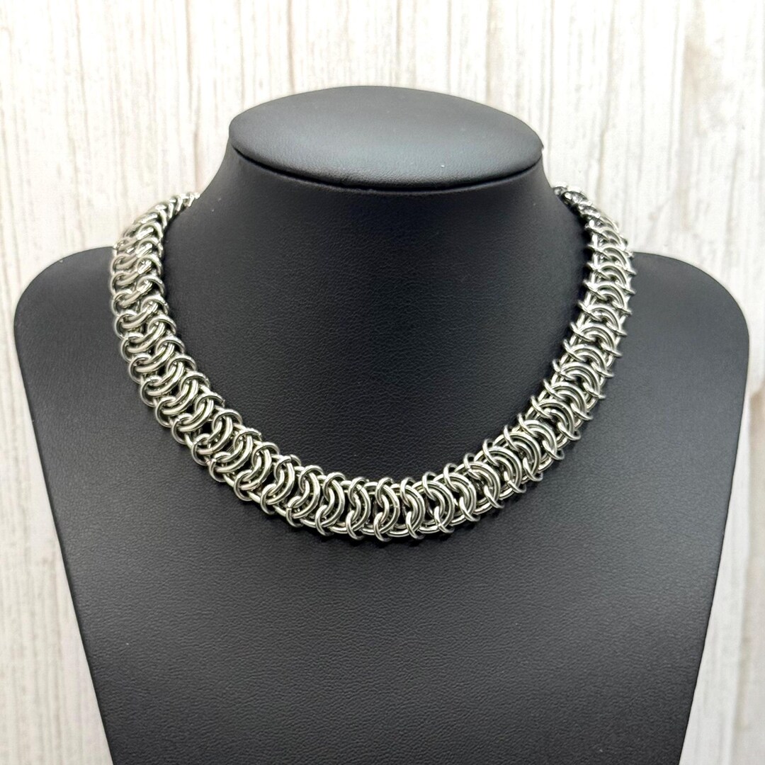 Vertebrae Chunky Chainmail Choker Necklace, Stainless Steel Link Woven ...