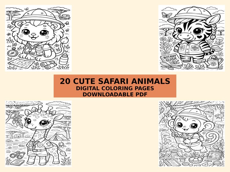 20 Cute Safari Animals Digital Coloring Pages Kawaii Style | Digital ...