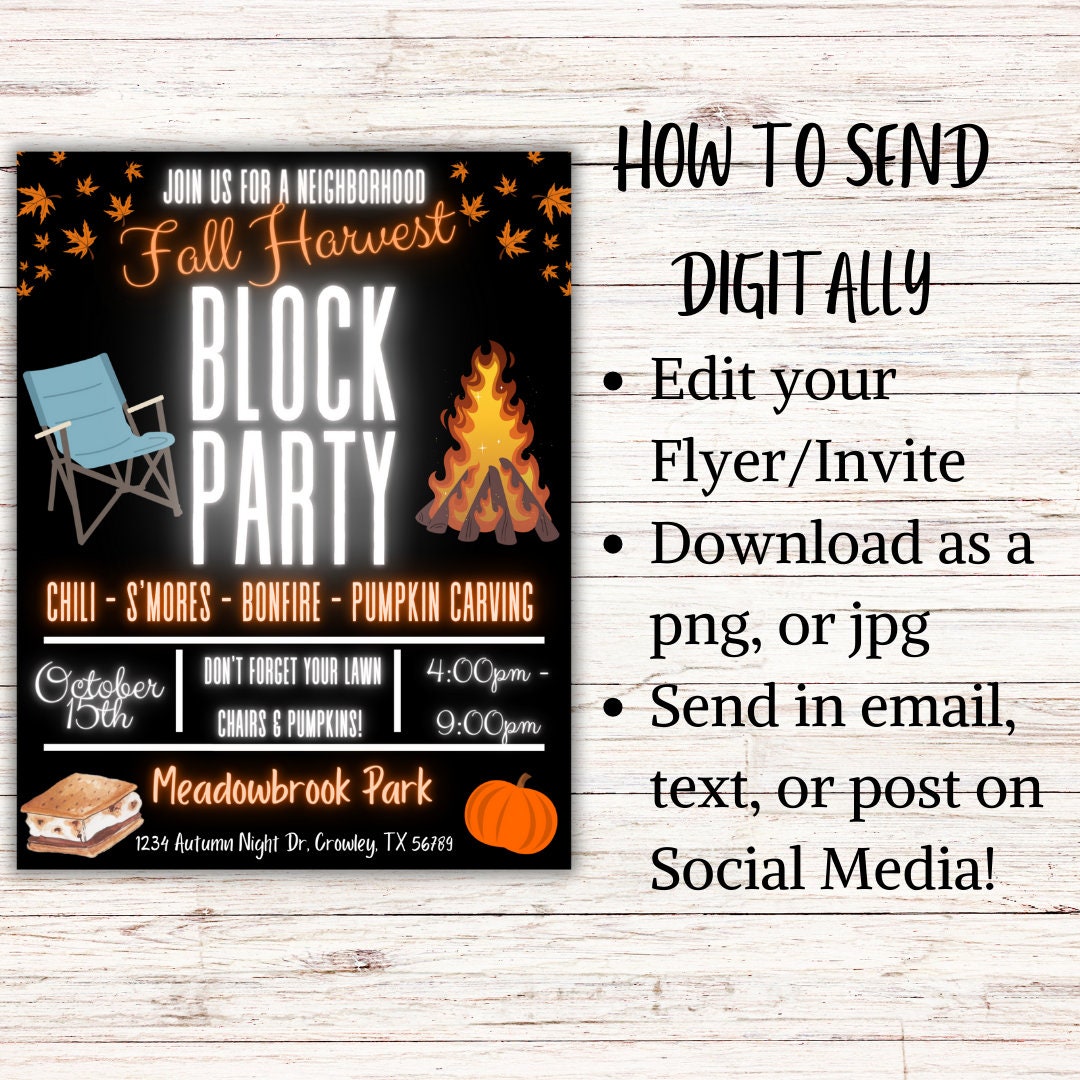 EDITABLE Fall Block Party Flyer, Fall Neon Block Party Invite, Block ...