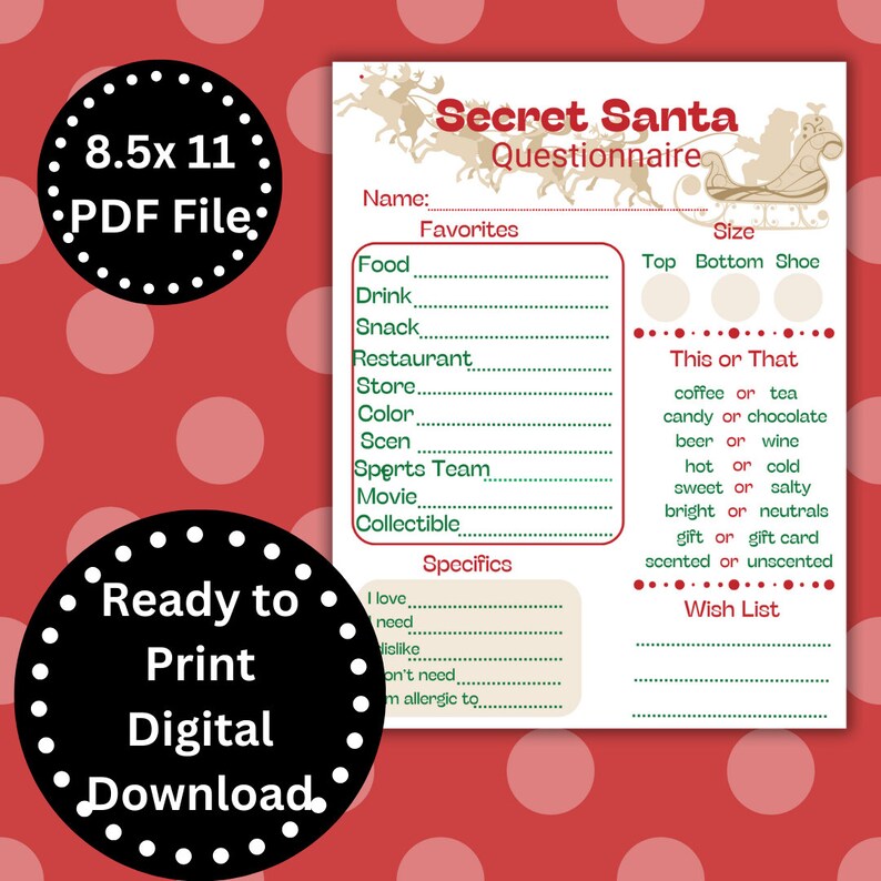 Secret Santa Questionnaire Printable, Secret Santa Survey, Christmas ...