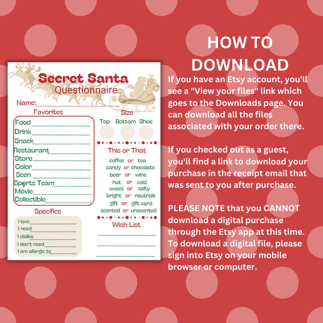 Secret Santa Questionnaire Printable, Secret Santa Survey, Christmas ...