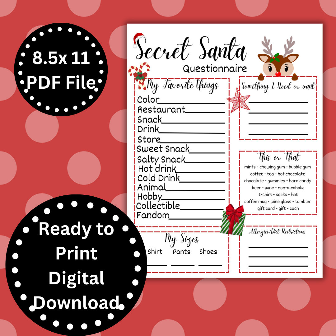 Secret Santa Questionnaire Printable, Secret Santa Survey, Christmas ...