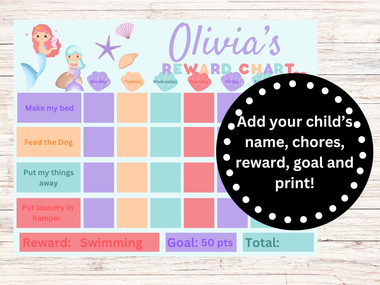 Mermaid Reward Chart | Printable Reward Chart | Editable | Chore Chart ...