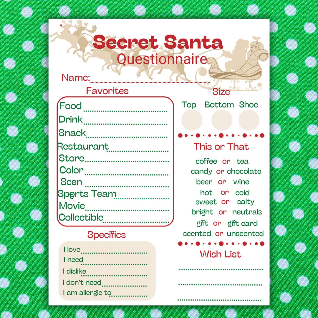 Secret Santa Questionnaire Printable, Secret Santa Survey, Christmas ...