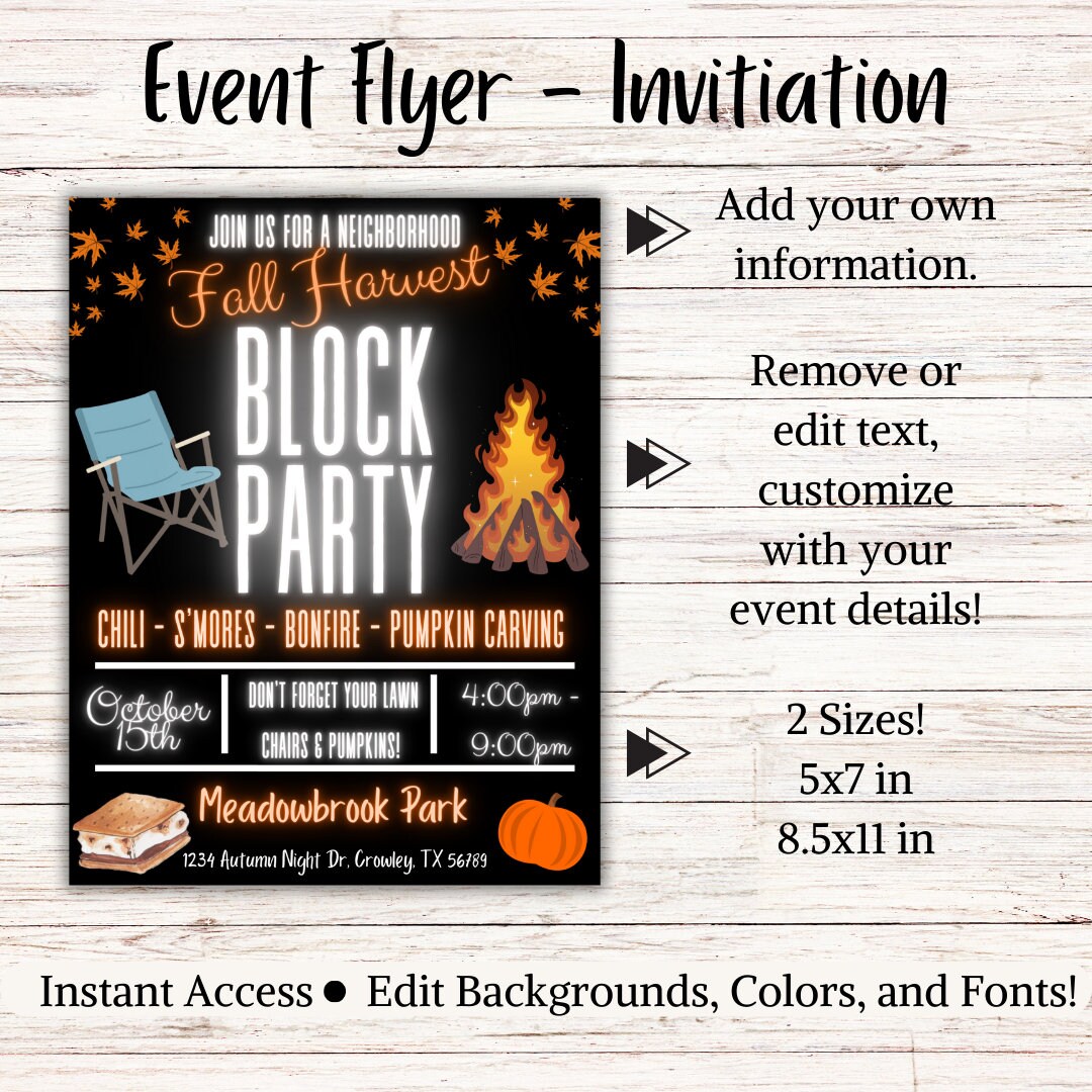 EDITABLE Fall Block Party Flyer, Fall Neon Block Party Invite, Block ...