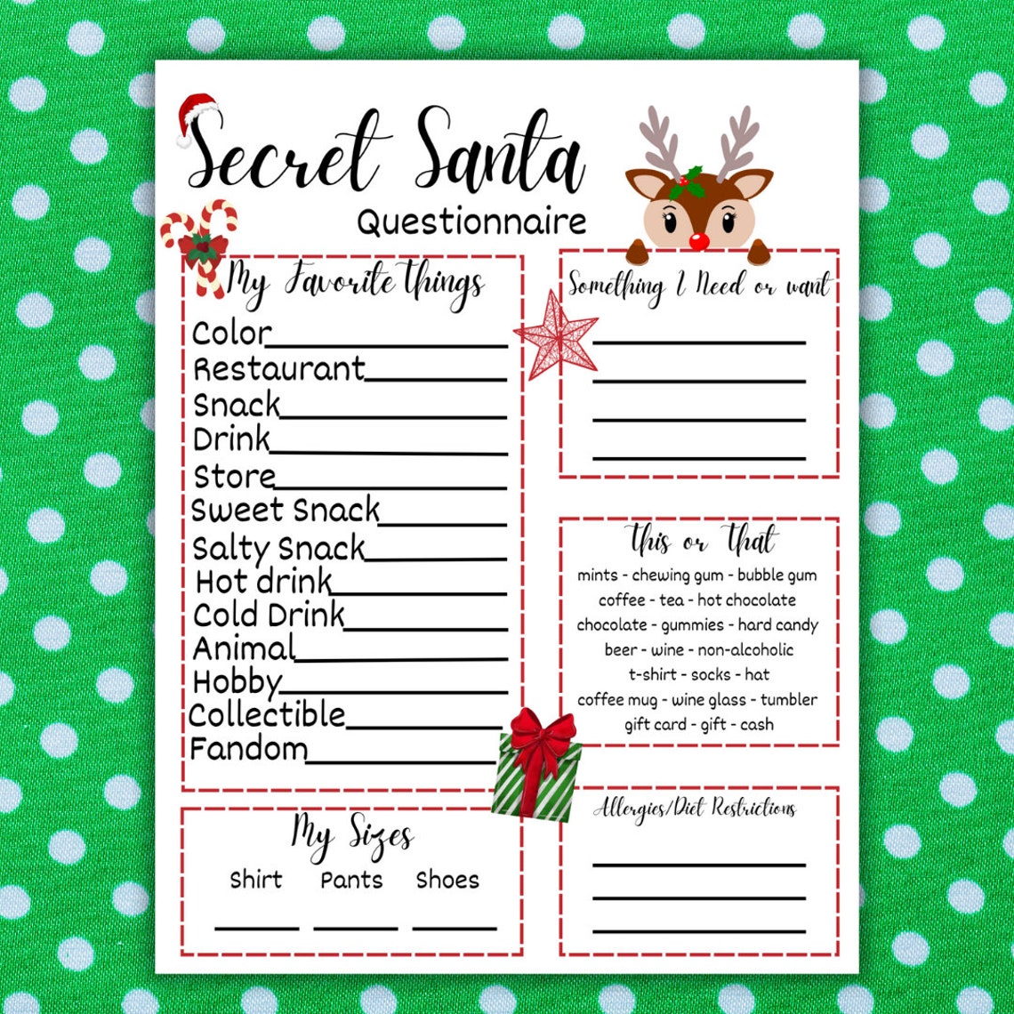 Secret Santa Questionnaire Printable, Secret Santa Survey, Christmas ...