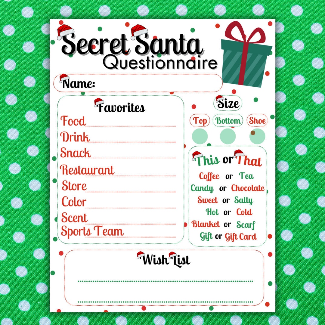 Secret Santa Questionnaire Printable, Secret Santa Survey, Christmas ...