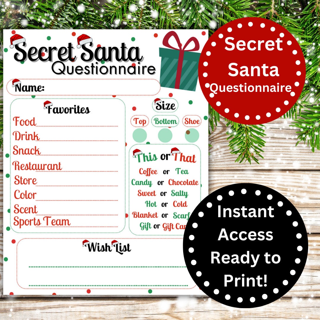 Secret Santa Questionnaire Printable, Secret Santa Survey, Christmas ...