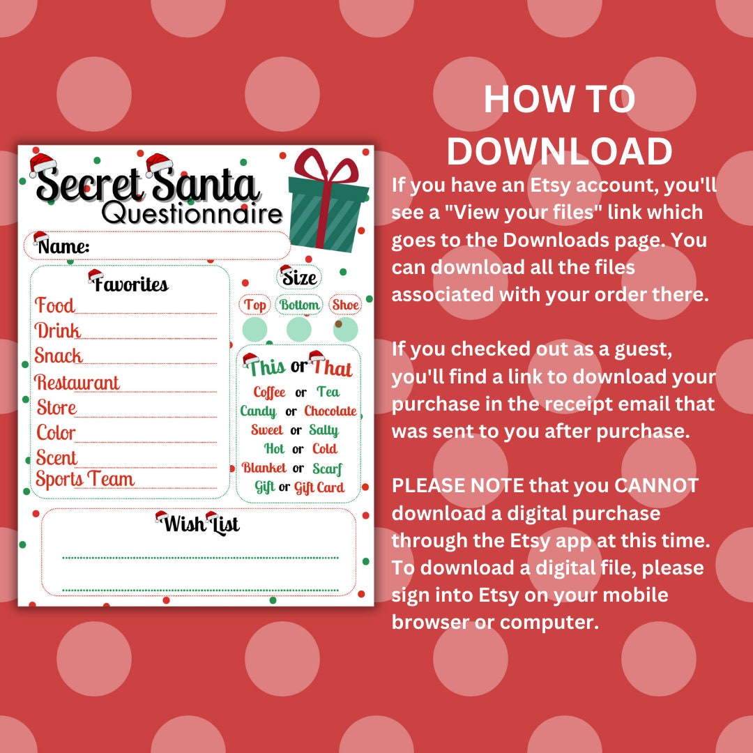 Secret Santa Questionnaire Printable, Secret Santa Survey, Christmas ...