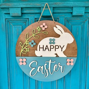 Happy Easter Door Hanger, Easter Bunny Wood Sign, Easter Decorations ...