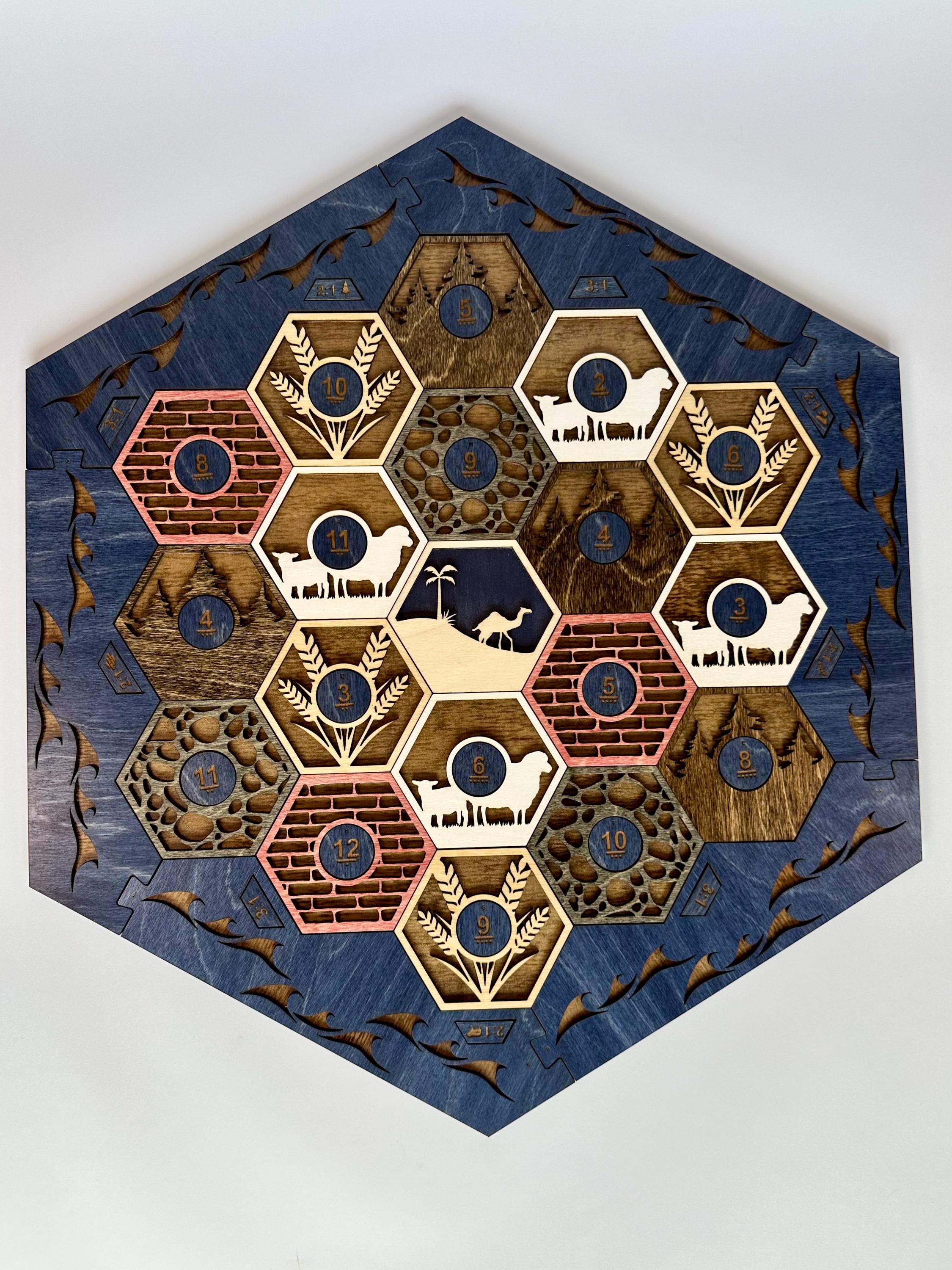 Wooden Game Board for Settlers Game, Brown and Blue Theme, Civilization ...