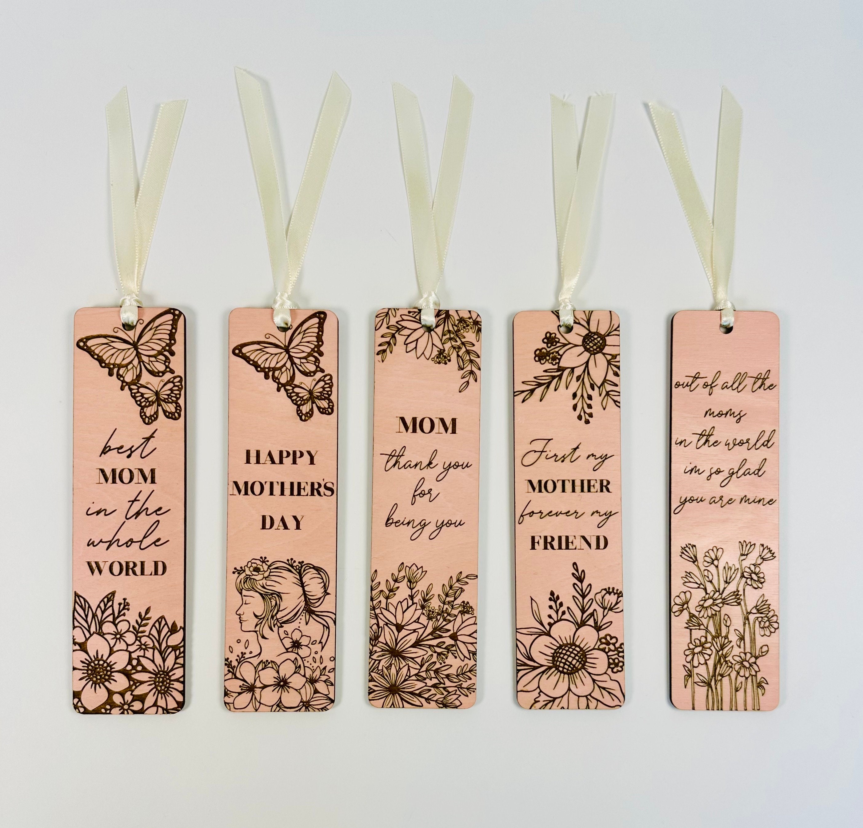 Mothers Day Bookmarks, Floral Wooden Bookmark Set of 6, Engraved Wood ...