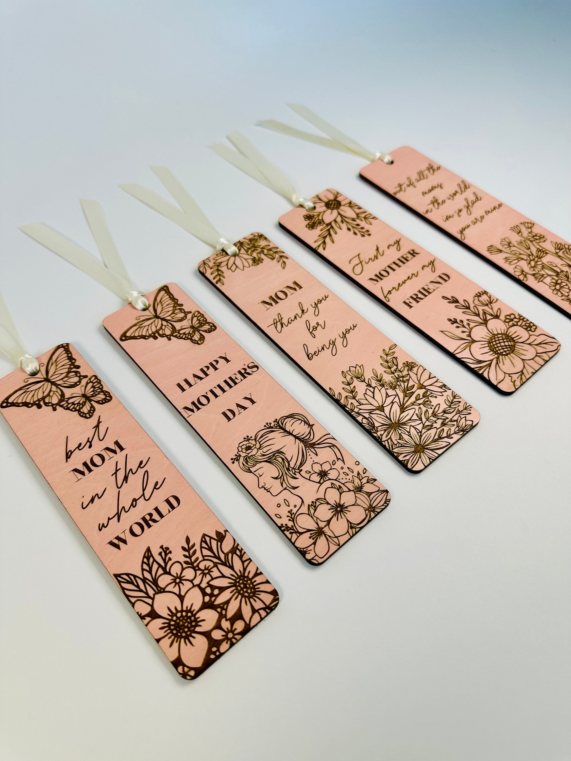 Mothers Day Bookmarks, Floral Wooden Bookmark Set of 6, Engraved Wood ...