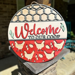 Welcome to Our Coop Sign, Chicken Farmhouse Décor, Layered Wood Door ...