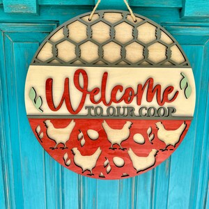 Welcome to Our Coop Sign, Chicken Farmhouse Décor, Layered Wood Door ...