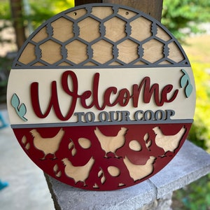 Welcome to Our Coop Sign, Chicken Farmhouse Décor, Layered Wood Door ...