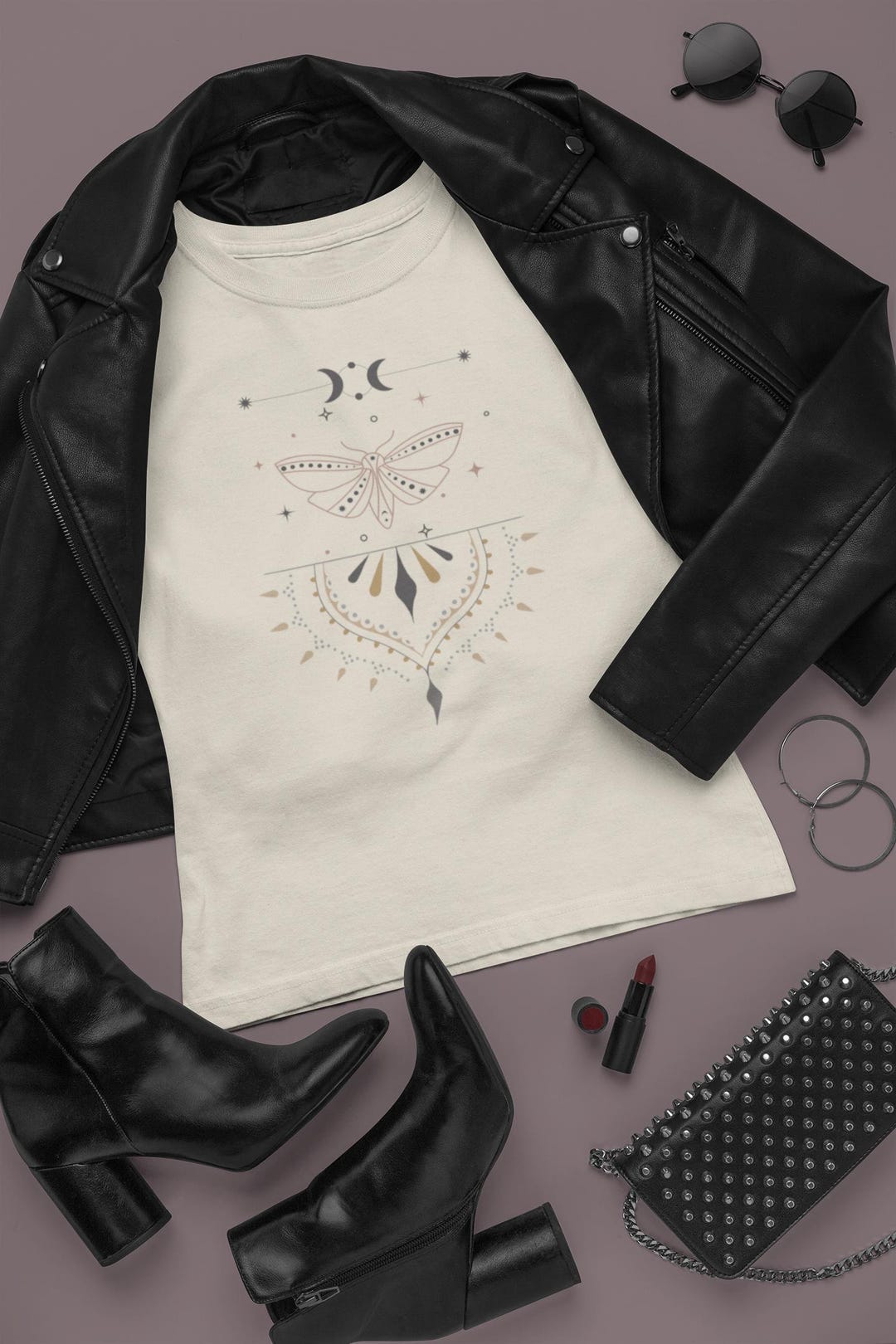 Celestial Moth Stars and Moon Pattern Shirt, Moon Phases Abstract Lucky ...