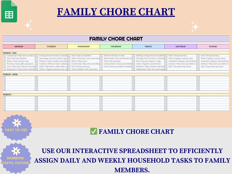 Cleaning Checklist and Family Chore Chart Planner Google Sheets ...