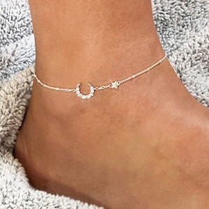 Moon and Star Anklet, Gold Moon and Star Bracelet, Satellite Chain, Dainty Gold Anklet ...