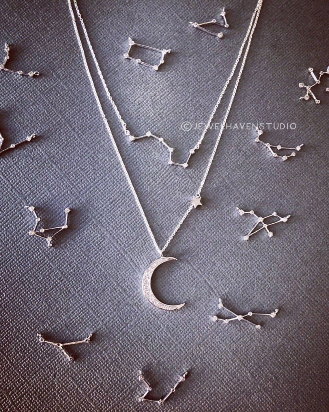 Sterling Silver Zodiac Sign Necklace: Moon, Star, Constellation Charm - Etsy