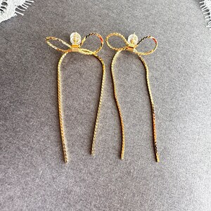 Gold Bow Drop Earrings, Long Ribbon Earrings, Drop Dangling Gold Ribbon ...