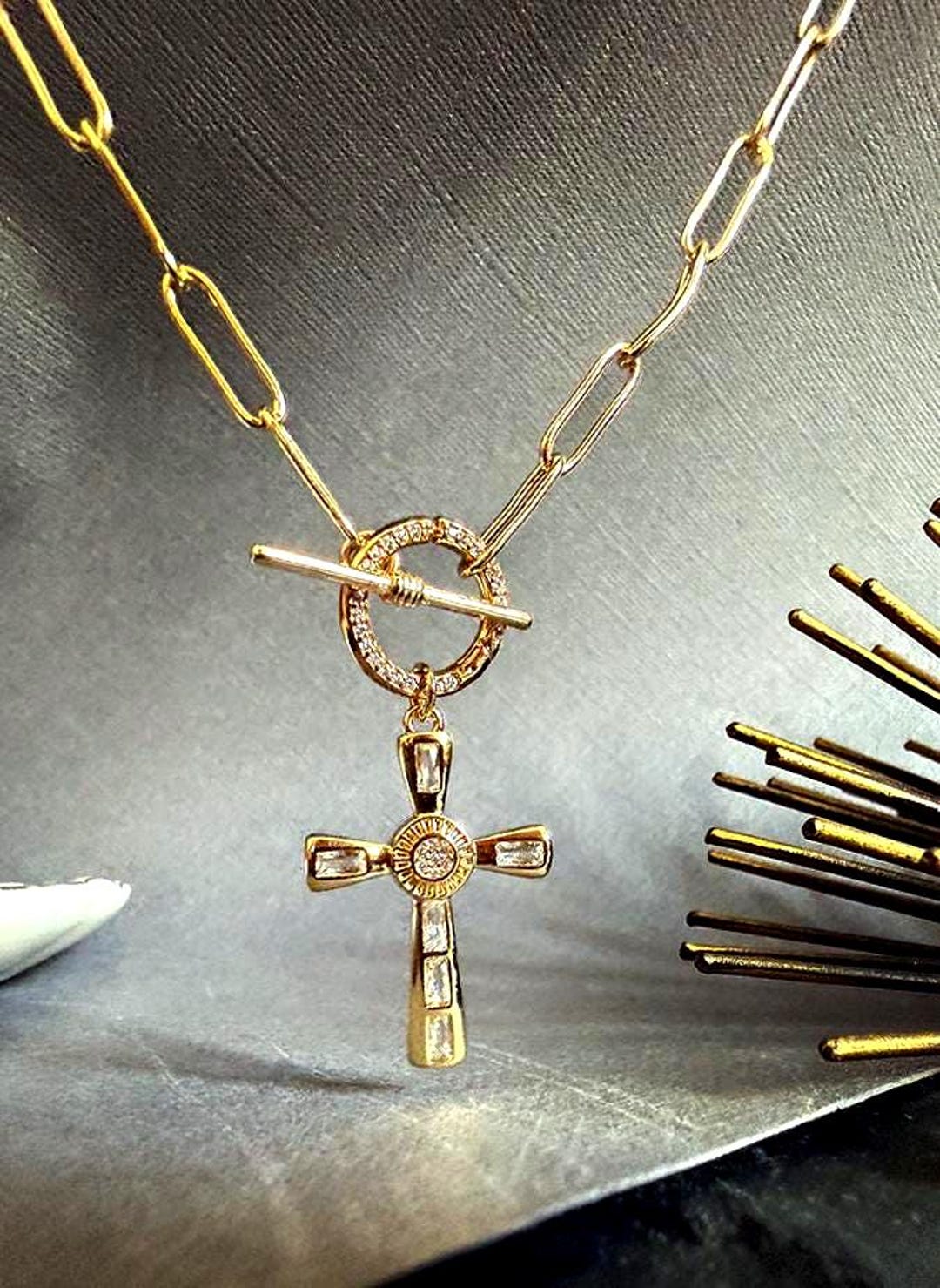 Gold CZ Cross Charm Necklace, Paperclip Chain Toggle Clasp - Etsy