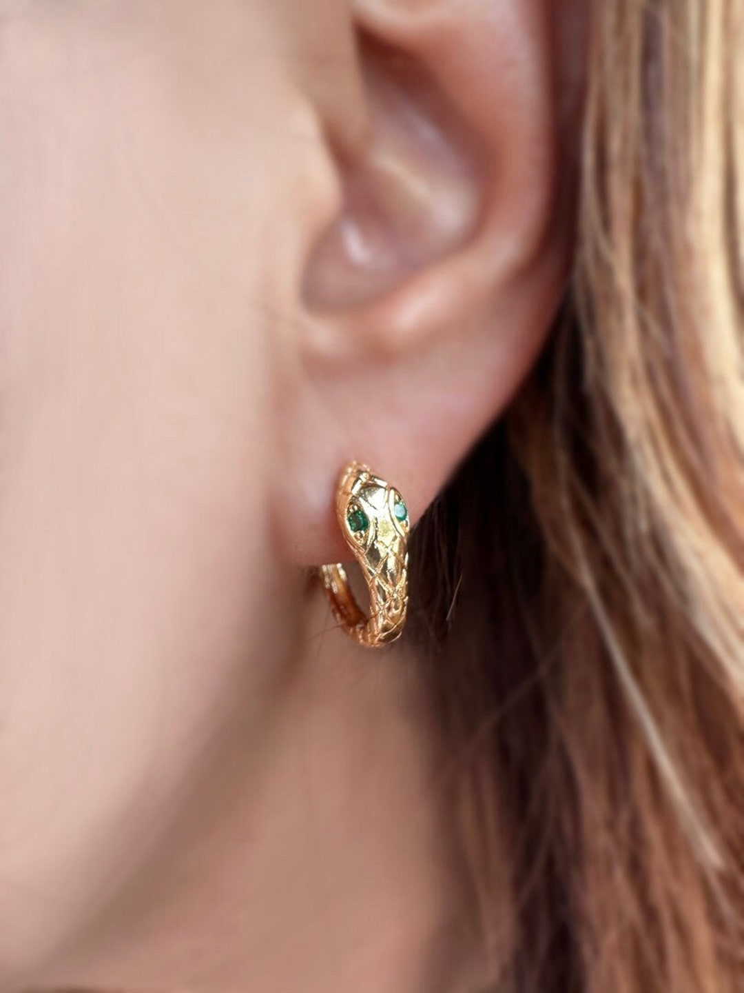 Snake Huggie Earrings, Dainty Gold Snake Earrings, Emerald Snake Hoop ...