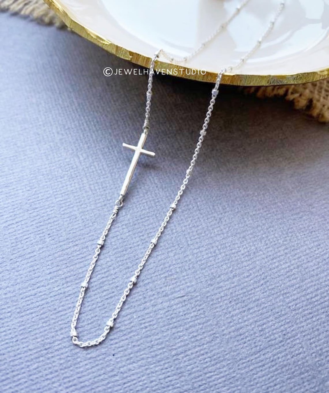 Rose Gold Sideways Cross Necklace: Dainty Satellite Chain, Baptism Gift ...
