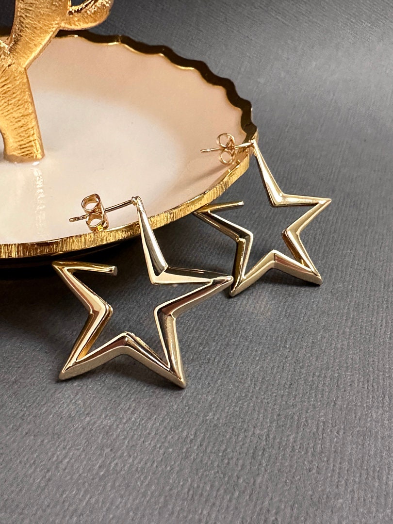 33mm Gold Plated Large Star Earrings, Star Hoop Earrings, Star Huggie ...