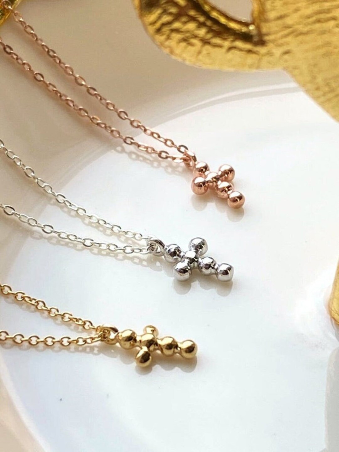 Tiny Cross Necklace, Ball Cross Charm Necklace Gold, Silver Cross ...