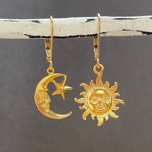 Asymmetrical Sun and Moon Earrings, Mismatched Earrings, Gold Moon Earrings, Sun Charm Earrings ...