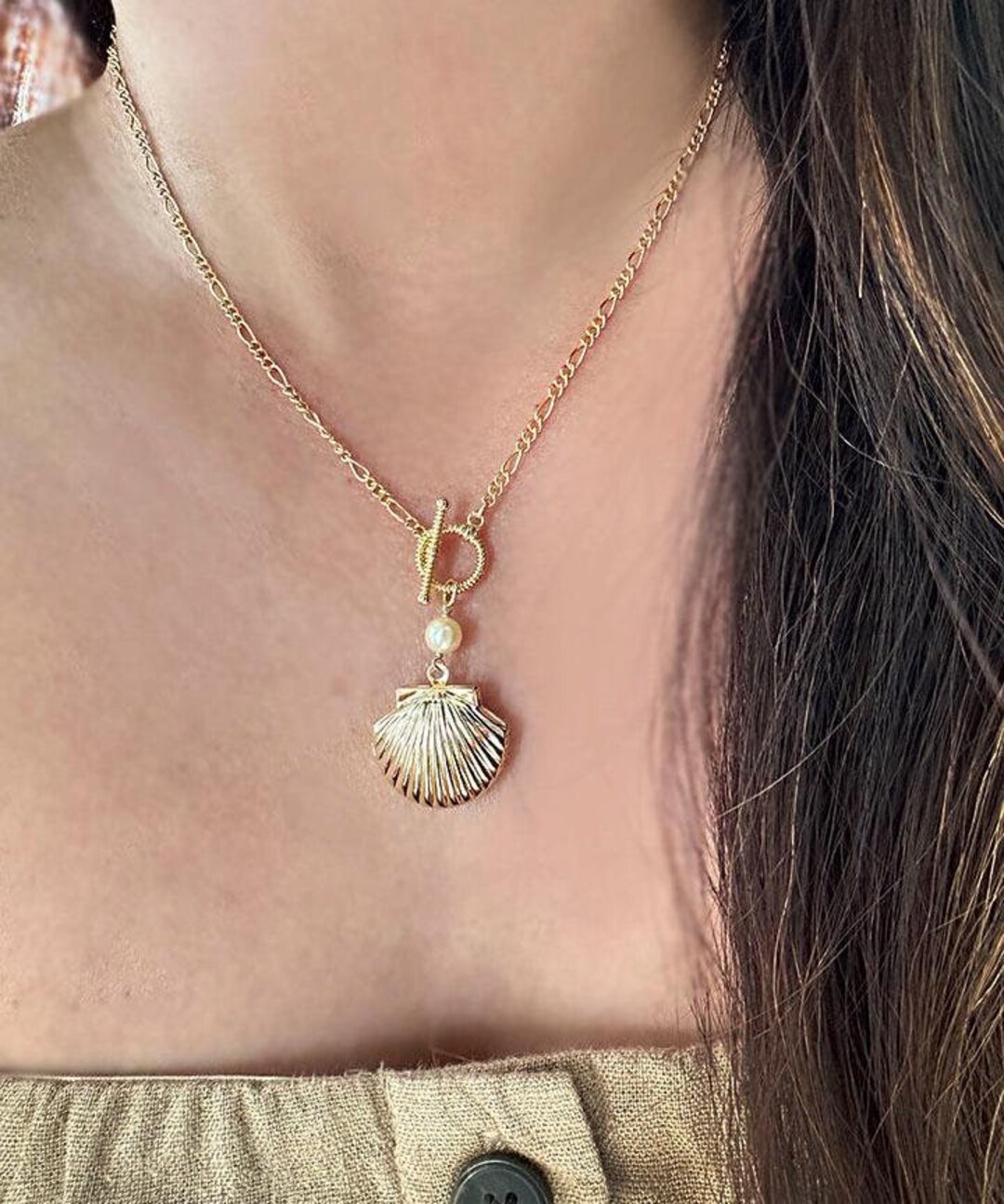 Seashell Locket Necklace, Pearl and Shell Necklace, Vintage Brass ...