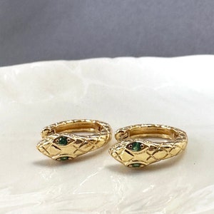 Snake Huggie Earrings, Dainty Gold Snake Earrings, Emerald Snake Hoop ...