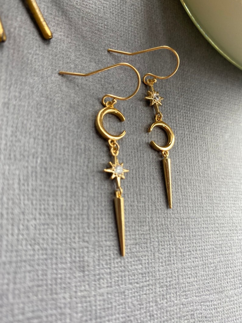 Dainty Mismatched Moon and Star Earrings Spike Dangling - Etsy