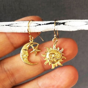 Asymmetrical Sun and Moon Earrings, Mismatched Earrings, Gold Moon Earrings, Sun Charm Earrings ...