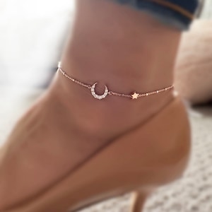 Moon and Star Anklet, Gold Moon and Star Bracelet, Satellite Chain, Dainty Gold Anklet ...